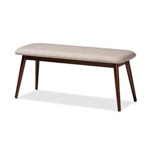 baxton studio flora mid-century modern light grey fabric upholstered walnut finished wood dining bench