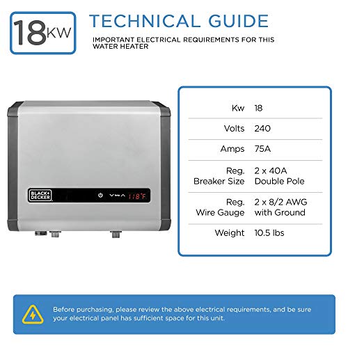 BLACK+DECKER Tankless Electric Water Heater 18kW 240 Volt 3.7GPM, Self-Modulating Multi-Application Unit for Small Homes or Apartments, Hot Water on Demand, Digital Temperature Display