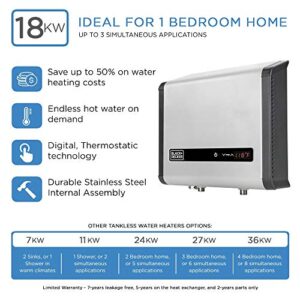 BLACK+DECKER Tankless Electric Water Heater 18kW 240 Volt 3.7GPM, Self-Modulating Multi-Application Unit for Small Homes or Apartments, Hot Water on Demand, Digital Temperature Display