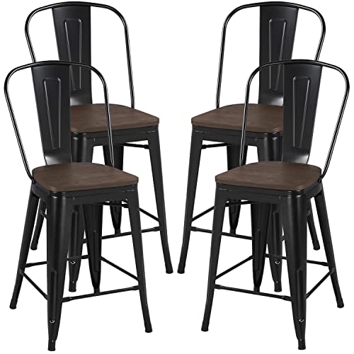 Yaheetech 24Inch Seat Height Style Dining Stools Chairs with Wood Seat/Top and High Backrest, Industrial Metal Counter Height Stool, Modern Kitchen Dining Bar Chairs Rustic, Black, Set of 4