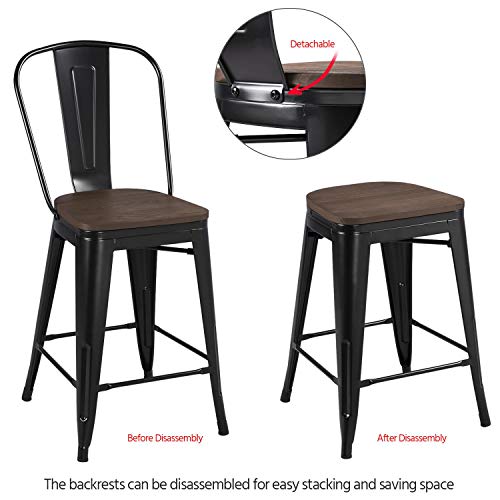 Yaheetech 24Inch Seat Height Style Dining Stools Chairs with Wood Seat/Top and High Backrest, Industrial Metal Counter Height Stool, Modern Kitchen Dining Bar Chairs Rustic, Black, Set of 4