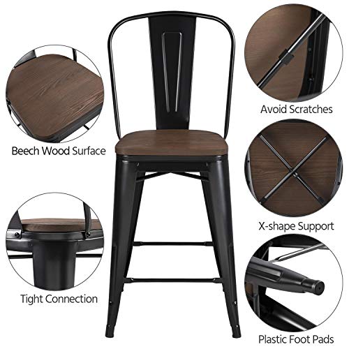 Yaheetech 24Inch Seat Height Style Dining Stools Chairs with Wood Seat/Top and High Backrest, Industrial Metal Counter Height Stool, Modern Kitchen Dining Bar Chairs Rustic, Black, Set of 4