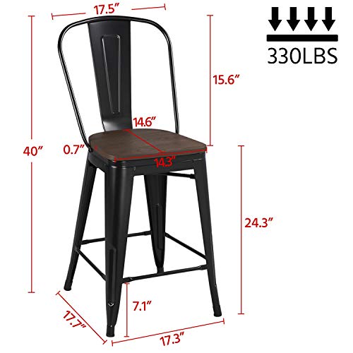 Yaheetech 24Inch Seat Height Style Dining Stools Chairs with Wood Seat/Top and High Backrest, Industrial Metal Counter Height Stool, Modern Kitchen Dining Bar Chairs Rustic, Black, Set of 4