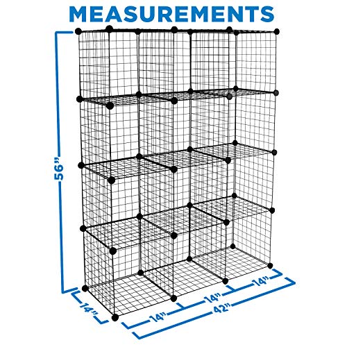 Work-It! Wire Storage Cubes, 12-Cube Metal Grid Organizer | Modular Wire Shelving Units, Stackable Bookcase, DIY Closet Cabinet Organizer for Home, Office, Kids Room | 14" W x 14" H, Black