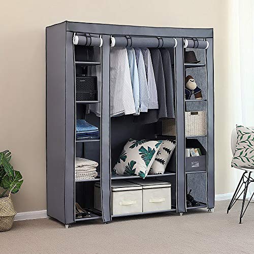 Knocbel 69" Tall Freestanding Closet Organzier Clothes Garment Rack Dustproof & Waterproof Fabric Cover with Storage Shelves & 1 Hanging Rod (Gray)