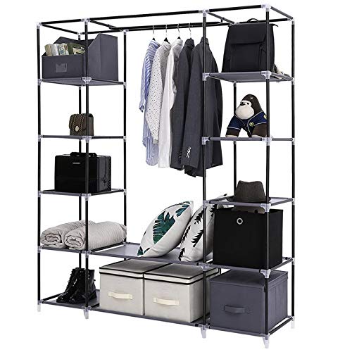 Knocbel 69" Tall Freestanding Closet Organzier Clothes Garment Rack Dustproof & Waterproof Fabric Cover with Storage Shelves & 1 Hanging Rod (Gray)