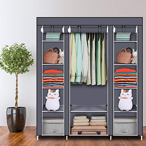 Knocbel 69" Tall Freestanding Closet Organzier Clothes Garment Rack Dustproof & Waterproof Fabric Cover with Storage Shelves & 1 Hanging Rod (Gray)