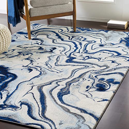 Glendon Abstract Coastal Living Room Bedroom Dining Room Area Rug - Marble Swirl Pattern Carpet - Modern Contemporary Bohemian - Ombre Blue, Royal Blue, Navy Blue, Grey, White - 7'10" x 10'3"