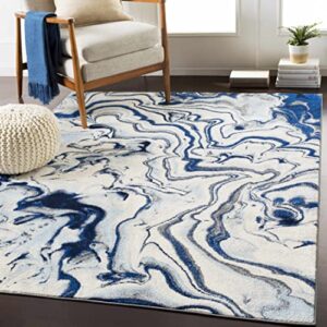 Glendon Abstract Coastal Living Room Bedroom Dining Room Area Rug - Marble Swirl Pattern Carpet - Modern Contemporary Bohemian - Ombre Blue, Royal Blue, Navy Blue, Grey, White - 7'10" x 10'3"