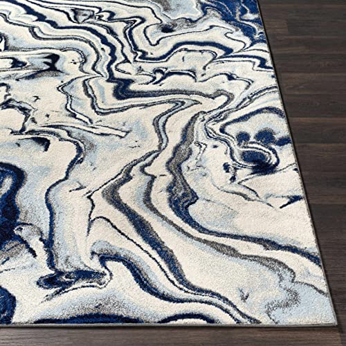 Glendon Abstract Coastal Living Room Bedroom Dining Room Area Rug - Marble Swirl Pattern Carpet - Modern Contemporary Bohemian - Ombre Blue, Royal Blue, Navy Blue, Grey, White - 7'10" x 10'3"