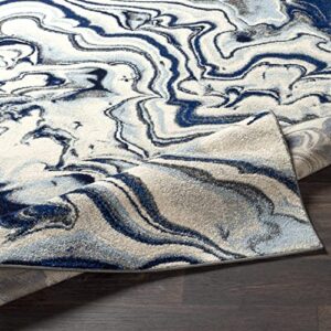 Glendon Abstract Coastal Living Room Bedroom Dining Room Area Rug - Marble Swirl Pattern Carpet - Modern Contemporary Bohemian - Ombre Blue, Royal Blue, Navy Blue, Grey, White - 7'10" x 10'3"