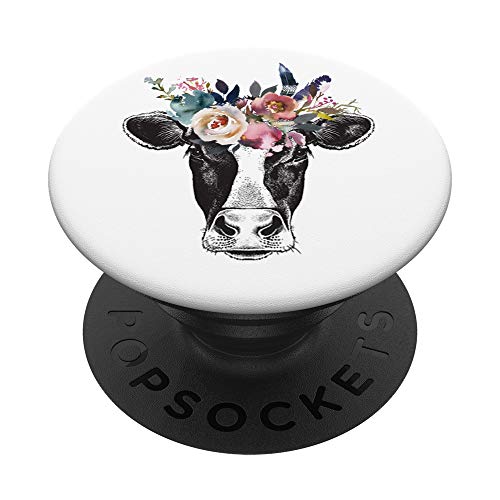 Cute Funny Cow Head Pink Peach Rose Green Leaf Bouquet PopSockets PopGrip: Swappable Grip for Phones & Tablets