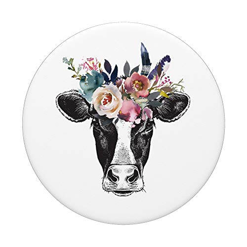 Cute Funny Cow Head Pink Peach Rose Green Leaf Bouquet PopSockets PopGrip: Swappable Grip for Phones & Tablets