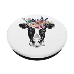 Cute Funny Cow Head Pink Peach Rose Green Leaf Bouquet PopSockets PopGrip: Swappable Grip for Phones & Tablets