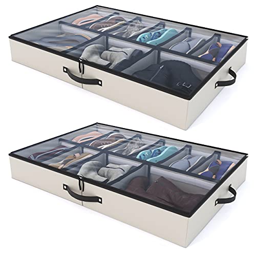 Woffit Under Bed Shoe Storage Organizer - Set of 2 Large Containers, Each Fits 12 Pairs of Shoes - Sturdy Box w/Adjustable Dividers - Underbed Shoe Storage for Kids & Adults, Beige