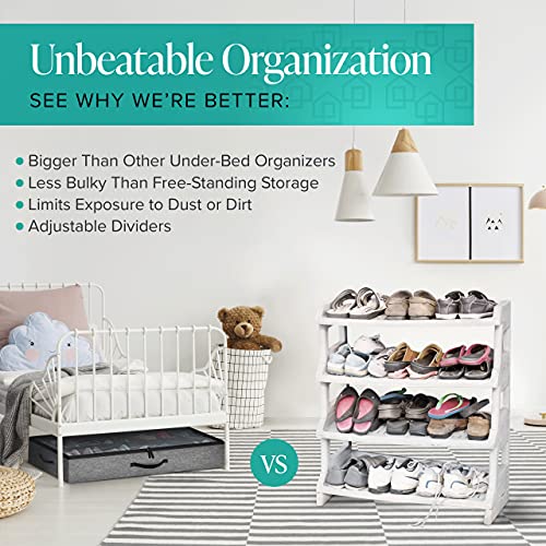 Woffit Under Bed Shoe Storage Organizer - Set of 2 Large Containers, Each Fits 12 Pairs of Shoes - Sturdy Box w/Adjustable Dividers - Underbed Shoe Storage for Kids & Adults, Beige