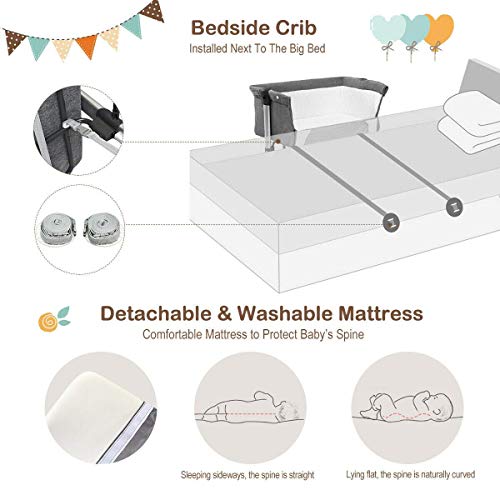 BABY JOY Baby Bedside Crib, Portable Travel Sleeper Bed Side Bassinet w/Carrying Bag, Newborn Bassinet to Infant, Kids Crib with Detachable Mattress, Height & Angle Adjustable, Breathable Mesh, Grey