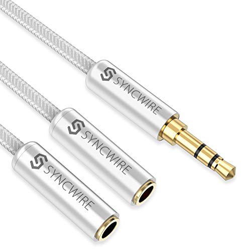 Syncwire Headphone Splitter, Nylon-Braided 3.5mm Extension Cable Audio Stereo Y Splitter (Hi-Fi Sound), 3.5mm Male to 2 Ports 3.5mm Female Headset Splitter for Apple, Samsung & More - Silver