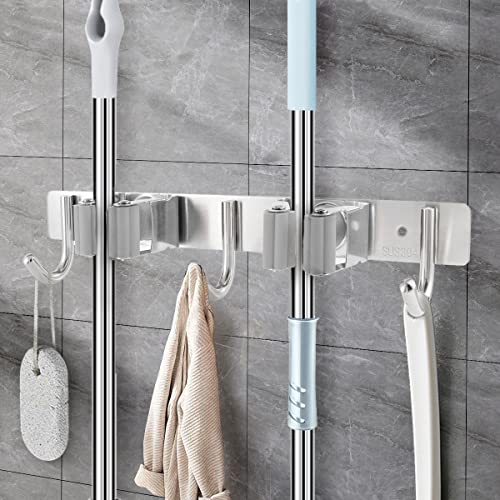 FULGENTE Broom Mop Holder Wall Mount Stainless Steel 304 Storage Organizer Heavy Duty Tools Hanger for Kitchen Bathroom Closet Garage Office Garden with 2 Racks 3 Hooks