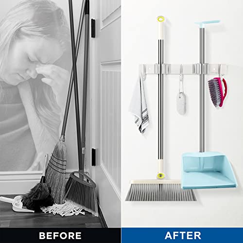 FULGENTE Broom Mop Holder Wall Mount Stainless Steel 304 Storage Organizer Heavy Duty Tools Hanger for Kitchen Bathroom Closet Garage Office Garden with 2 Racks 3 Hooks