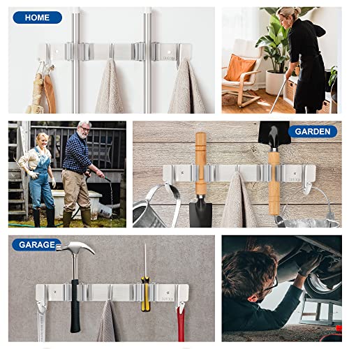 FULGENTE Broom Mop Holder Wall Mount Stainless Steel 304 Storage Organizer Heavy Duty Tools Hanger for Kitchen Bathroom Closet Garage Office Garden with 2 Racks 3 Hooks