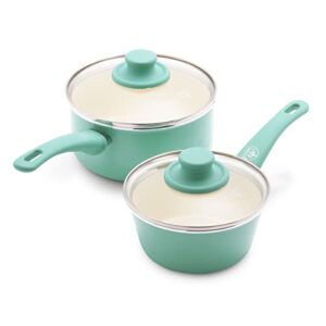 greenlife soft grip healthy ceramic nonstick, 1qt and 2qt saucepan pot set with lids, pfas-free, dishwasher safe, turquoise