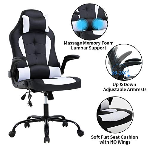 Racing Office Chair Gaming Chair High Back Computer Chair Desk Chair Executive Back Tilt Ergonomic Backrest & Height Adjustable Stool Swivel Task Chair with Headrest & Massage Lumbar Support-Black