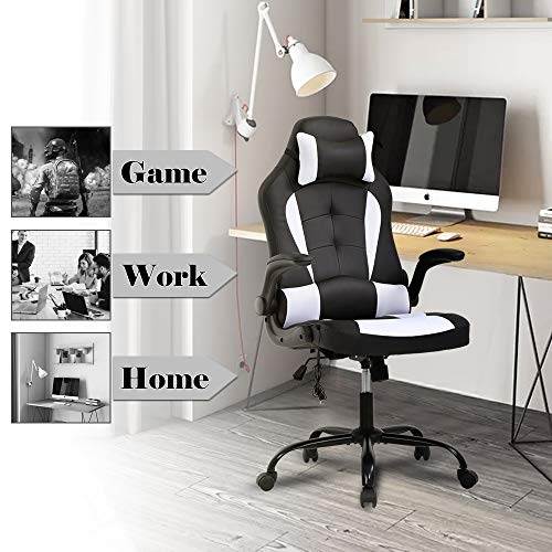 Racing Office Chair Gaming Chair High Back Computer Chair Desk Chair Executive Back Tilt Ergonomic Backrest & Height Adjustable Stool Swivel Task Chair with Headrest & Massage Lumbar Support-Black