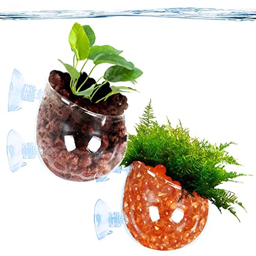 SunGrow 2-Pack Aquatic Plant Pot with Suction Cups, Crested Gecko Food Holder, Aquarium Plant Holder Cup for Aquaponic Fish & Shrimp Tank Décor, Suction Cup Window Planter Creates Floating Illusion