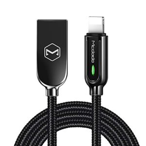 mcdodo power off/on smart led auto disconnect and auto recharge nylon braided sync charge usb data 6ft/1.8m cable compatible with phone 14/13/12/11 pro max list below (black, 6ft/1.8m)