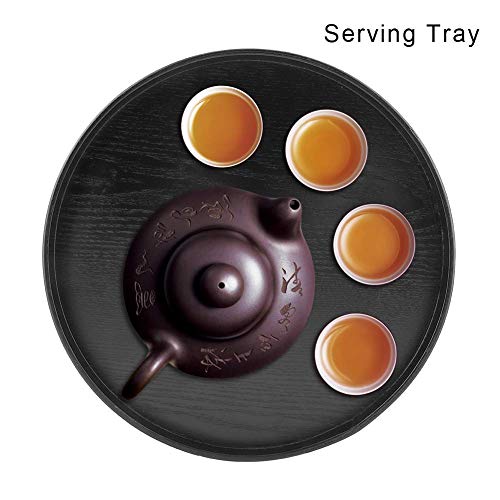 Serving Tray Black Natural Wooden Serving Round Plate with Non-Slip Surface for Tea Coffee Snack Food Meals