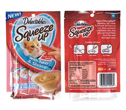 Delectables Squeeze Up Hartz Cat Treats Bundle of 3 Flavor Pouches, 2.0 oz Each (Tuna & Shrimp)