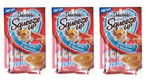 Delectables Squeeze Up Hartz Cat Treats Bundle of 3 Flavor Pouches, 2.0 oz Each (Tuna & Shrimp)