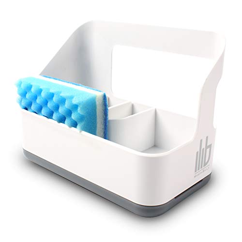 Sink Caddy Sponge Holder - Kitchen Sink Organizer with Adjustable Compartment Dividers and Drip Drain Tray - Slim White Plastic Design - For Dish Cleaning, Brush, Scrubbie Storage - Dishwasher Safe