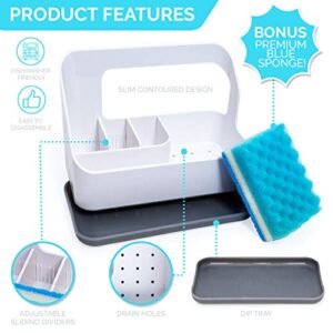 Sink Caddy Sponge Holder - Kitchen Sink Organizer with Adjustable Compartment Dividers and Drip Drain Tray - Slim White Plastic Design - For Dish Cleaning, Brush, Scrubbie Storage - Dishwasher Safe