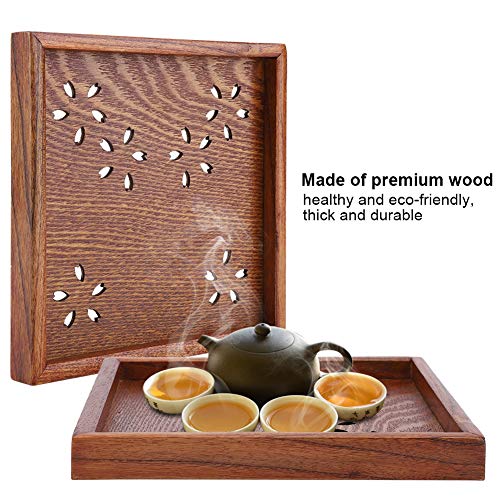 Wooden Tea Tray,Traditional Chinese Japanese Wooden Cherry Blossom Pattern Carved Hollow Square Tea Tray Coffee Fruit Snack Tray, widely Used in Restaurants, Home(18*18cm)