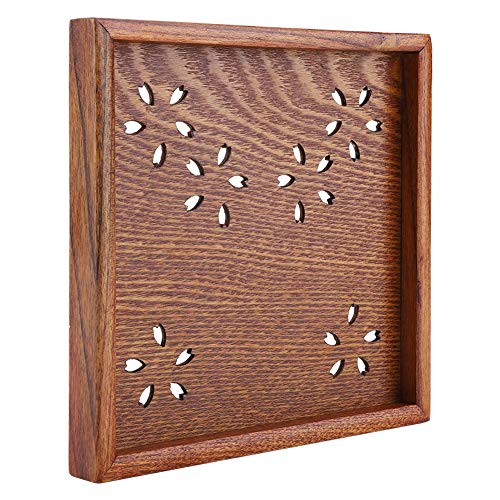 Wooden Tea Tray,Traditional Chinese Japanese Wooden Cherry Blossom Pattern Carved Hollow Square Tea Tray Coffee Fruit Snack Tray, widely Used in Restaurants, Home(18*18cm)