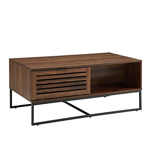 Walker Edison Modern Slatted Wood Rectangle Coffee Table with Drawer Living Room Ottoman Storage Shelf, 42 Inch, Dark Walnut