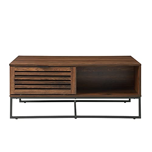 Walker Edison Modern Slatted Wood Rectangle Coffee Table with Drawer Living Room Ottoman Storage Shelf, 42 Inch, Dark Walnut