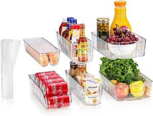 fridge bins and organizers set of 10 - stackable refrigerator bins set includes 6 bins for food containers and 4 precut shelf liners for fridge shelf's