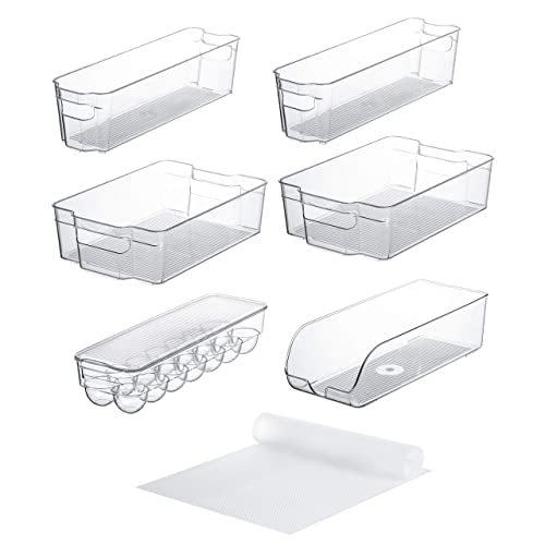 fridge bins and organizers Set of 10 - Stackable refrigerator bins set includes 6 bins for food containers and 4 precut shelf liners for fridge shelf's