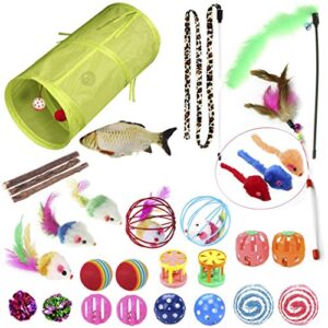 SunGrow Ferret Tunnel and Assorted Toys Variety Pack, Interactive Kitten & Ferret Toys & Accessories, for Indoors, Teaser Wand, Crinkle Balls, Bell Set, etc., 30 Pcs per Pack