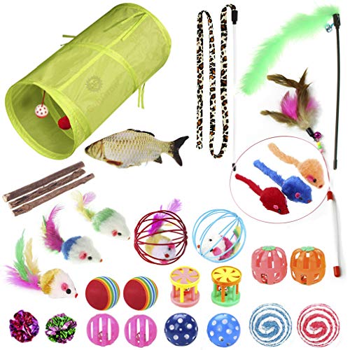 SunGrow Ferret Tunnel and Assorted Toys Variety Pack, Interactive Kitten & Ferret Toys & Accessories, for Indoors, Teaser Wand, Crinkle Balls, Bell Set, etc., 30 Pcs per Pack