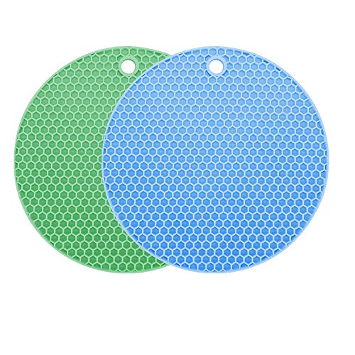 Disino Silicone Trivet Mats, Heat Resistant Potholder Thick Hot Pads for Kitchen Counter, Durable Non-Slip Jar Opener (Blue and Green, Set of 2)