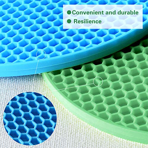 Disino Silicone Trivet Mats, Heat Resistant Potholder Thick Hot Pads for Kitchen Counter, Durable Non-Slip Jar Opener (Blue and Green, Set of 2)