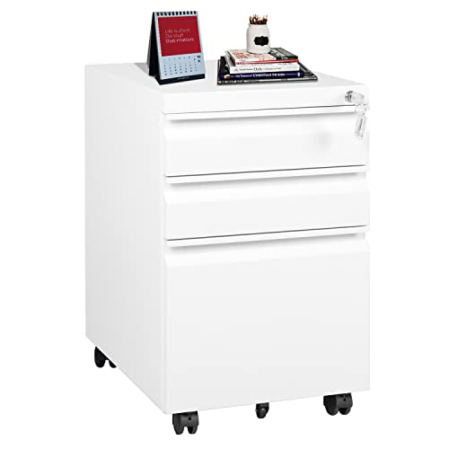 INTERGREAT 3 Drawer Filing Cabinet with Lock, White File Cabinet with Wheels, Locking Metal Cabinets for Home Office