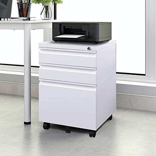 INTERGREAT 3 Drawer Filing Cabinet with Lock, White File Cabinet with Wheels, Locking Metal Cabinets for Home Office