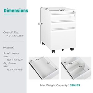 INTERGREAT 3 Drawer Filing Cabinet with Lock, White File Cabinet with Wheels, Locking Metal Cabinets for Home Office