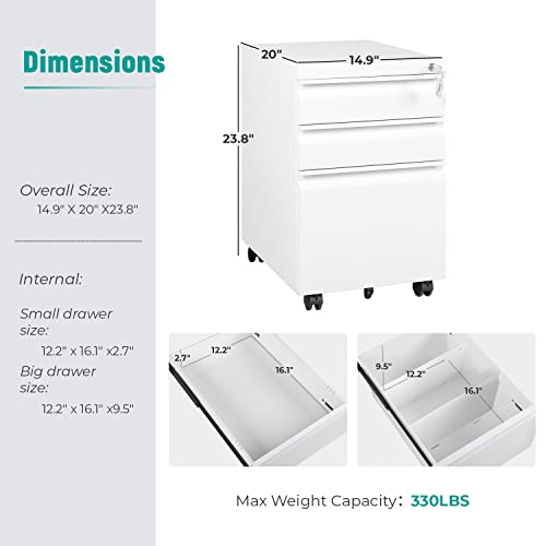 INTERGREAT 3 Drawer Filing Cabinet with Lock, White File Cabinet with Wheels, Locking Metal Cabinets for Home Office