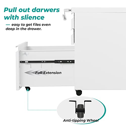 INTERGREAT 3 Drawer Filing Cabinet with Lock, White File Cabinet with Wheels, Locking Metal Cabinets for Home Office